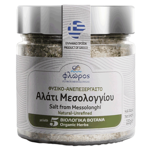 Floros Messolonghi sea salt with 5 organic herbs - Jar 200gr | Greece ...
